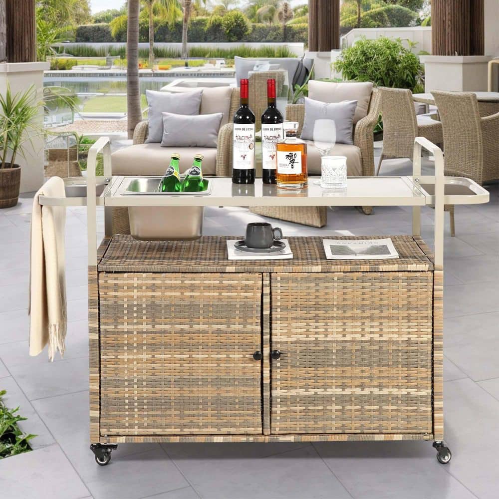 SUNRINX Beige Wicker Outdoor Serving Bars with Ice Bucket SRHWLDC0203 ...