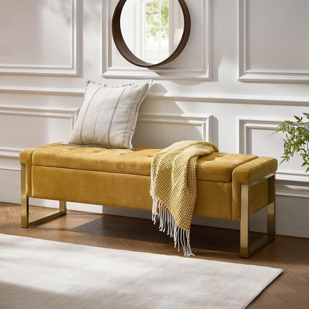JAYDEN CREATION Alina Mustard Modern Upholstered Flip Top Storage Bench ...