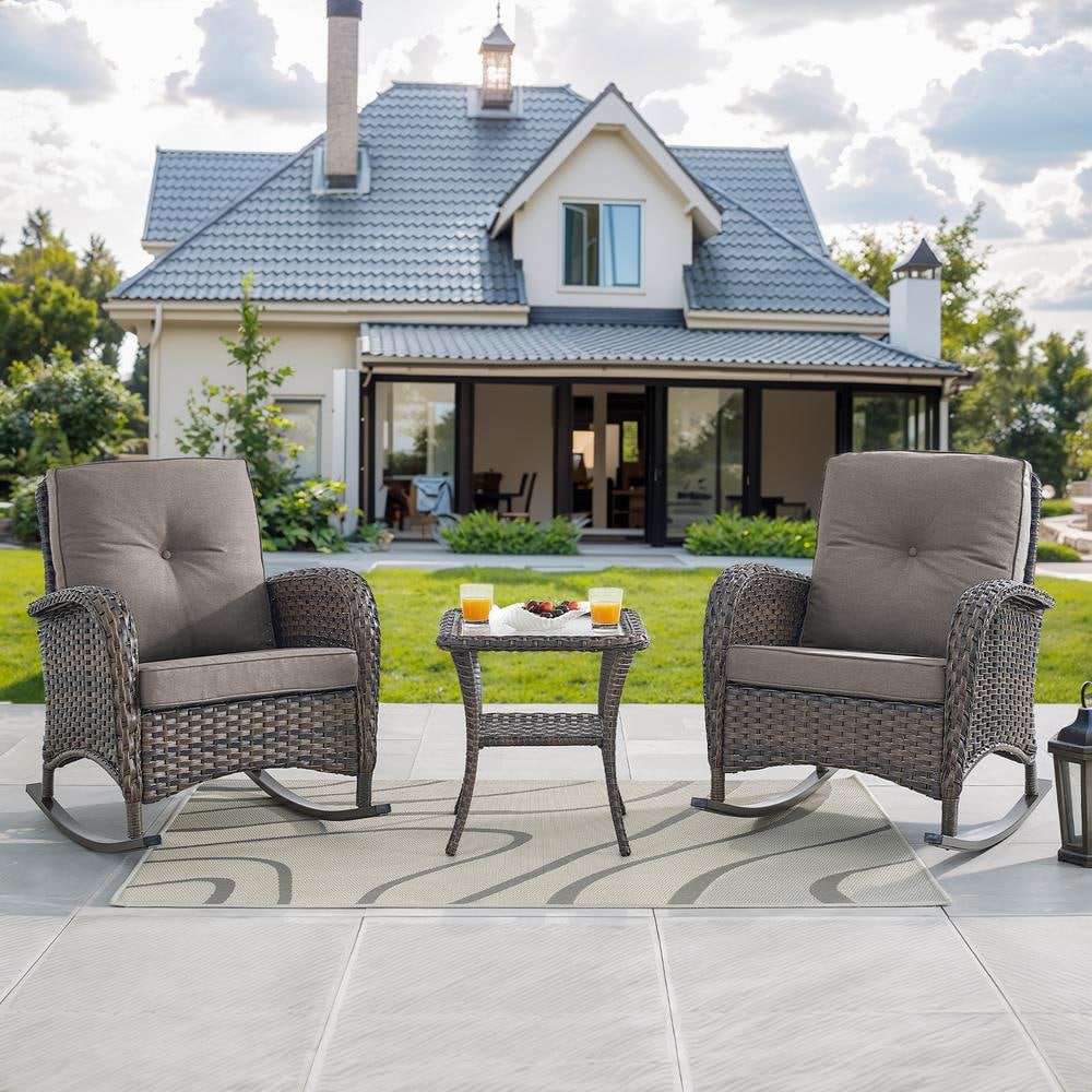 moosprr SleekArm Brown 3-Piece Wicker Outdoor Rocking Chair with Gray ...