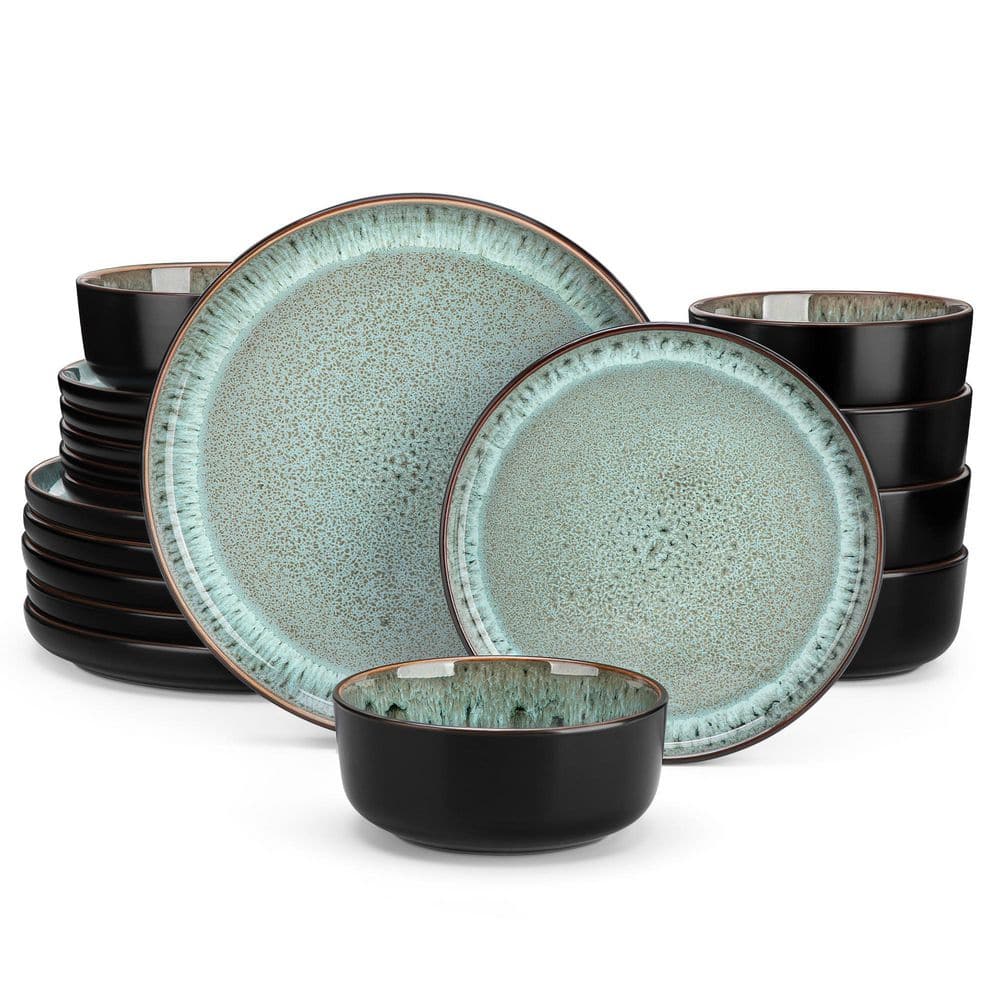 MALACASA 18-Piece Dark-green and Black Stoneware Dinnerware Set Service ...