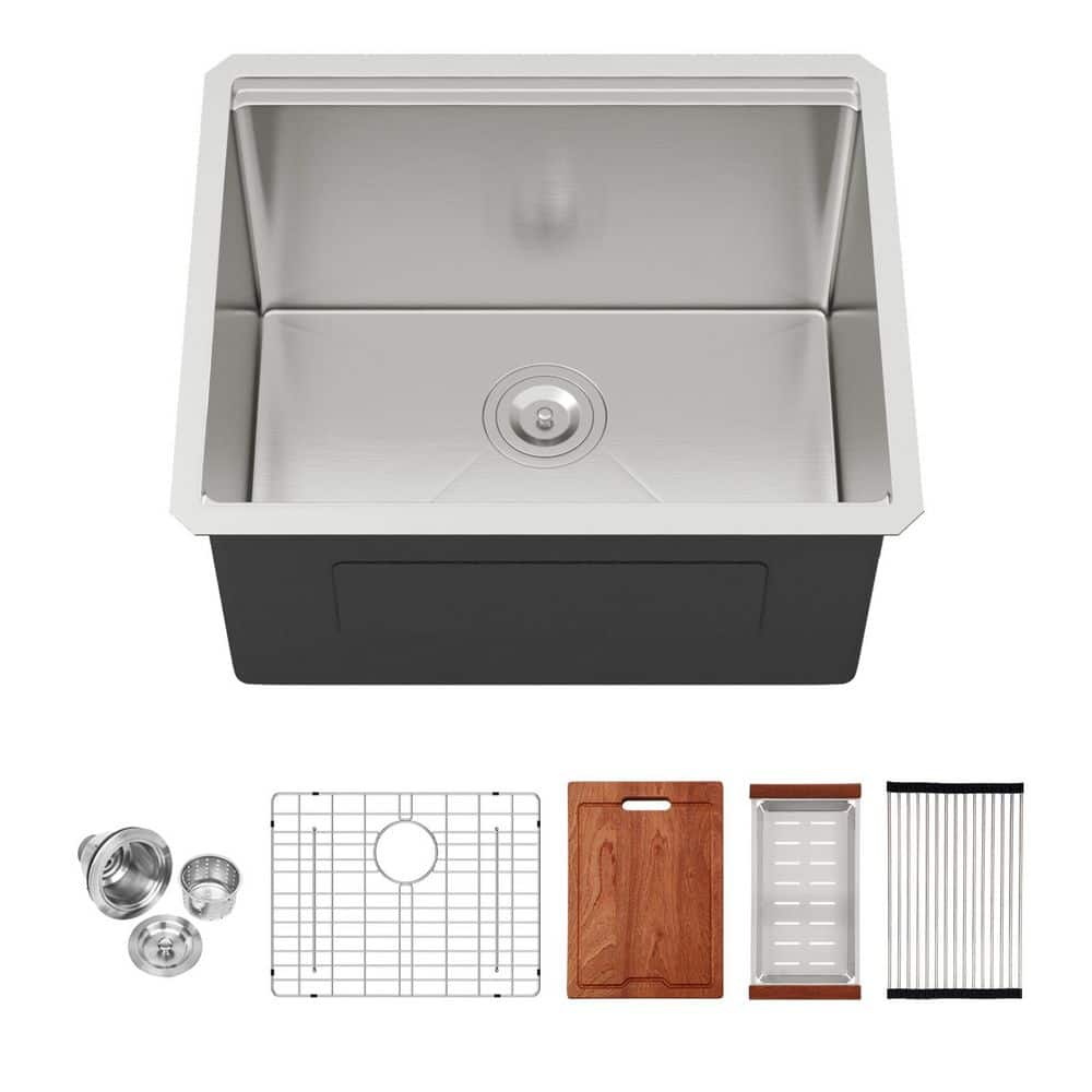 ANGELES HOME 24 in. Undermount Single Bowl 16-Gauge Brushed Nickel ...