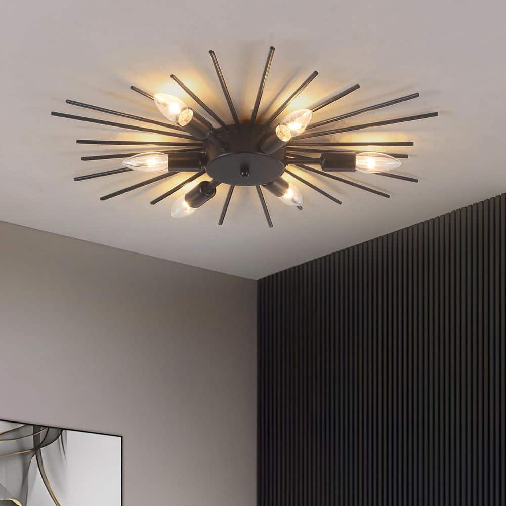 TinHon 24 in. 6-Light Black Modern Sputnik Flush Mount Ceiling Light ...