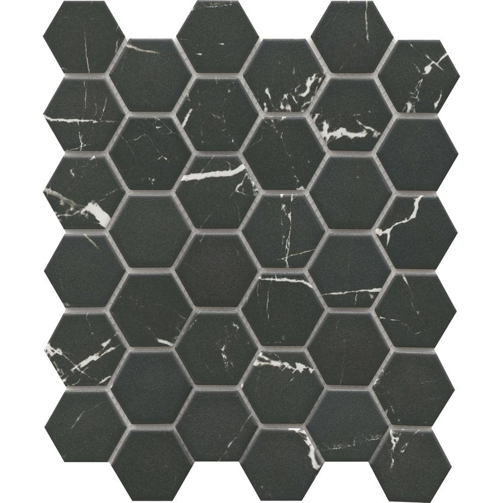 EMSER TILE Elegan Nero 11 in. x 13 in. Hexagon Matte Porcelain Mosaic ...