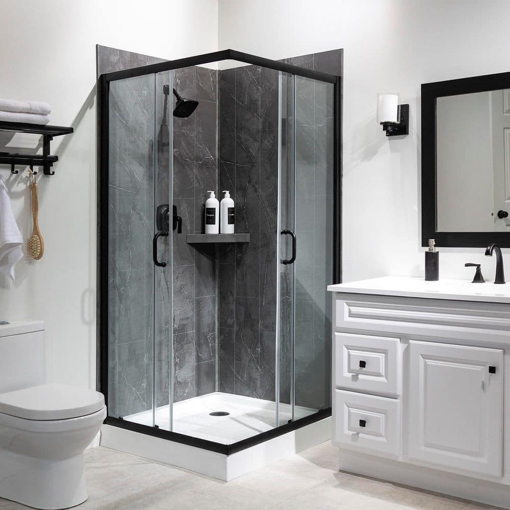 PALISADE 36 in. x 78 in. 2-Piece Glue-Up Corner Shower Wall, Shelf ...