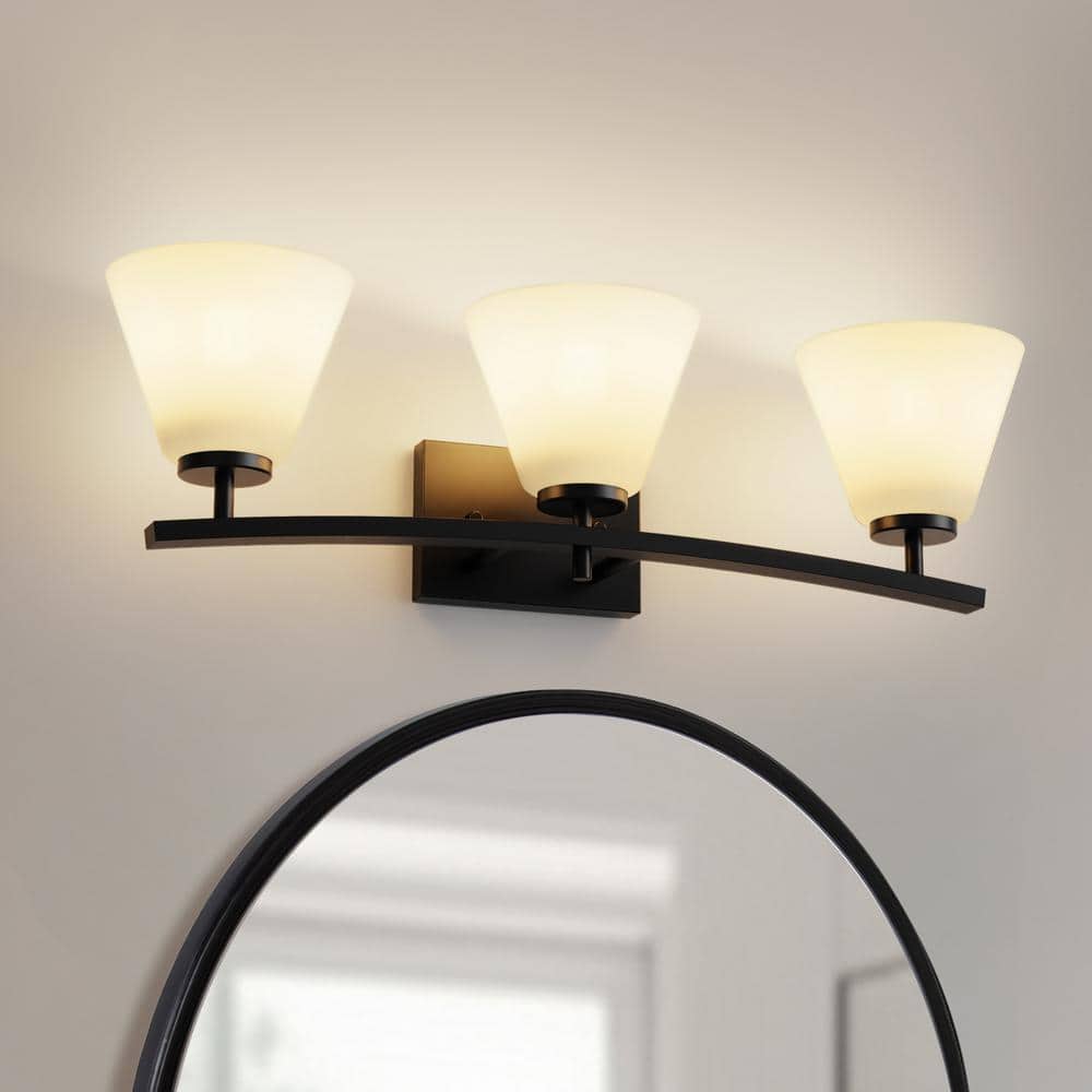 YANSUN 25 in. 3-Light Black Vanity Light with White Cone Glass Shades ...