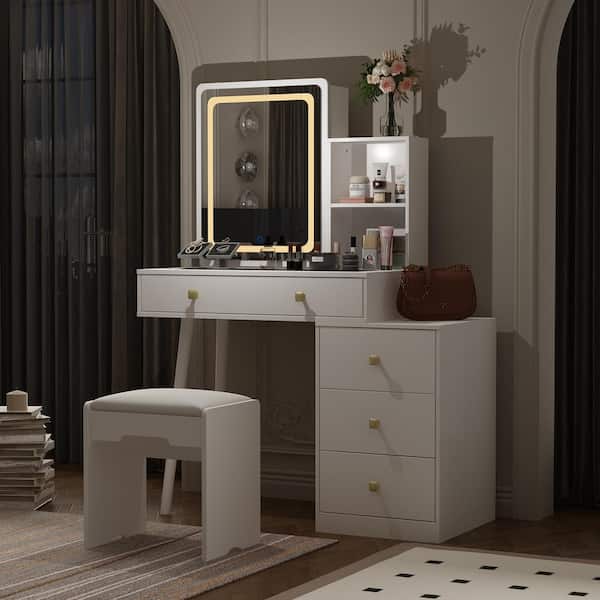 FUFU GAGA White Makeup Vanity Desk 9 Drawers Wood Dressing Table with 3 Mirrors Glass Top Hidden Storage Shelves LED Lighted
