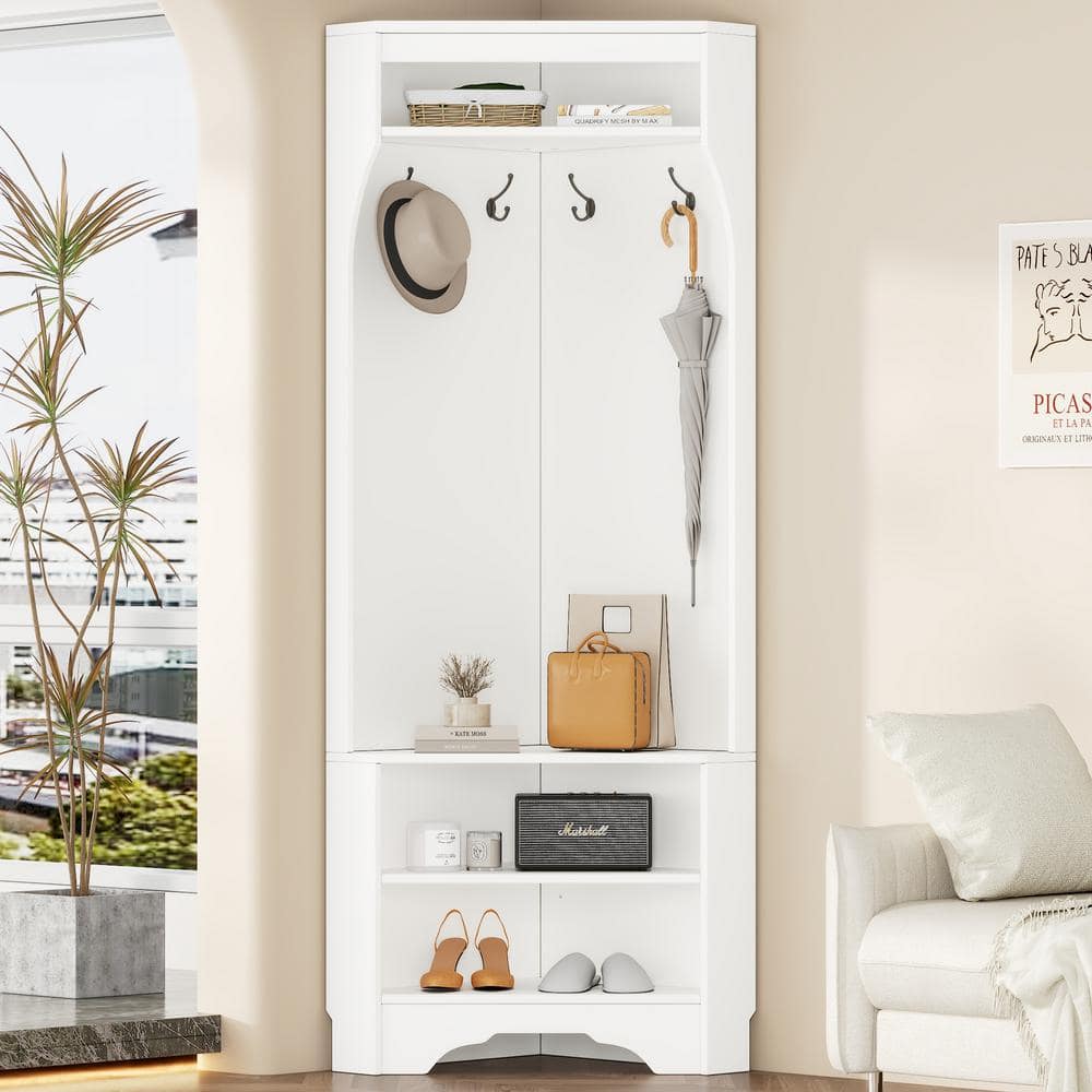 Nestfair Minimalist White Freestanding Corner Hall Tree with Shoe Bench ...
