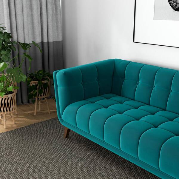 Ashcroft Furniture Co Kansas 86 in. W Square Arm Velvet Mid Century Modern Style Comfy Sofa in Teal Green Seats 3 HMD00263 The Home Depot