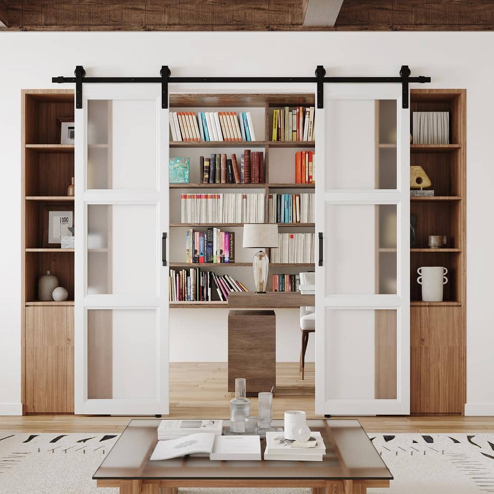 TENONER 48 in. x 84 in. 3 Panel Frosted Glass, MDF, White, Need to ...