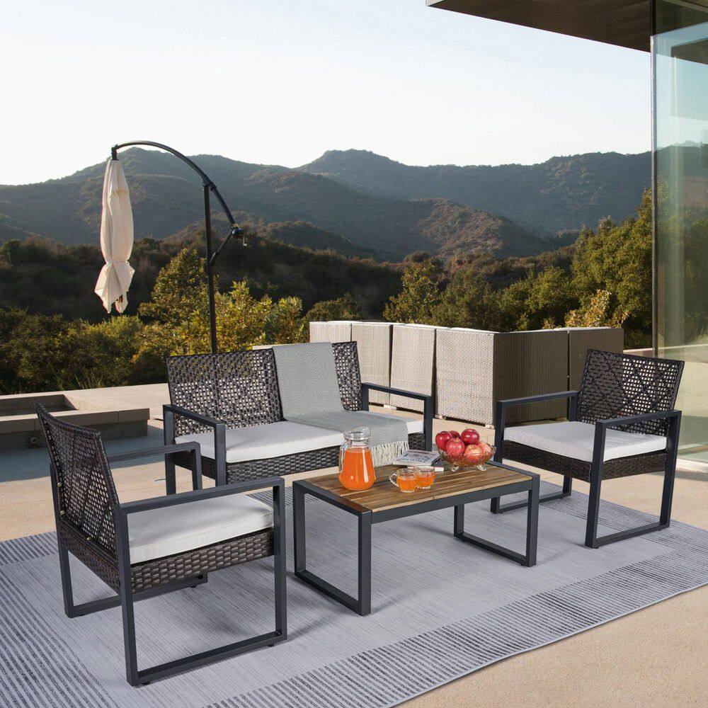 Black 4-Piece Wicker Patio Conversation Set with White Cushions and Wood Table for Balcony Porch ...