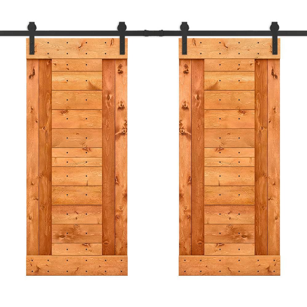 CALHOME 72 in. x 84 in. Red Walnut Stained DIY Knotty Pine Wood Interior Double Sliding Barn ...