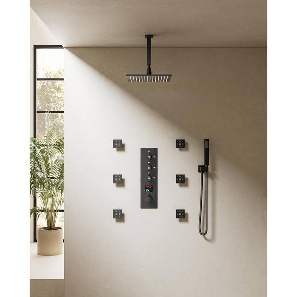 EVERSTEIN 7-Spray Patterns with 12 in. Ceiling Mounted Massage Fixed Shower Head with LED in ...