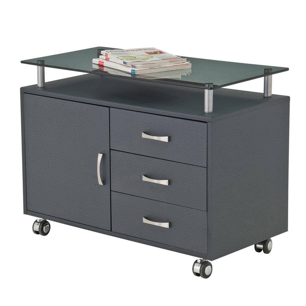 TECHNI MOBILI Graphite Rolling Storage Cabinet with Frosted Glass Top ...