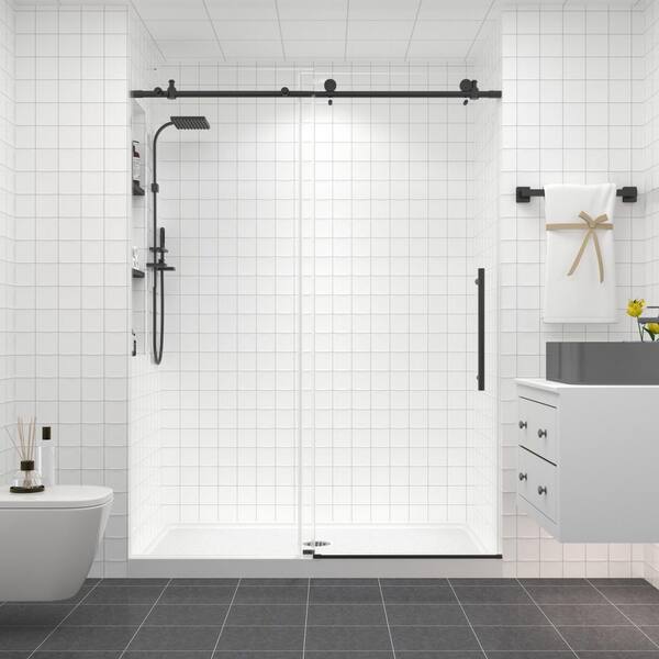 Heckfiel 56 in.-60 in. W x 74 in. H Sliding Frameless Shower Door in Matte Black Finish with ...