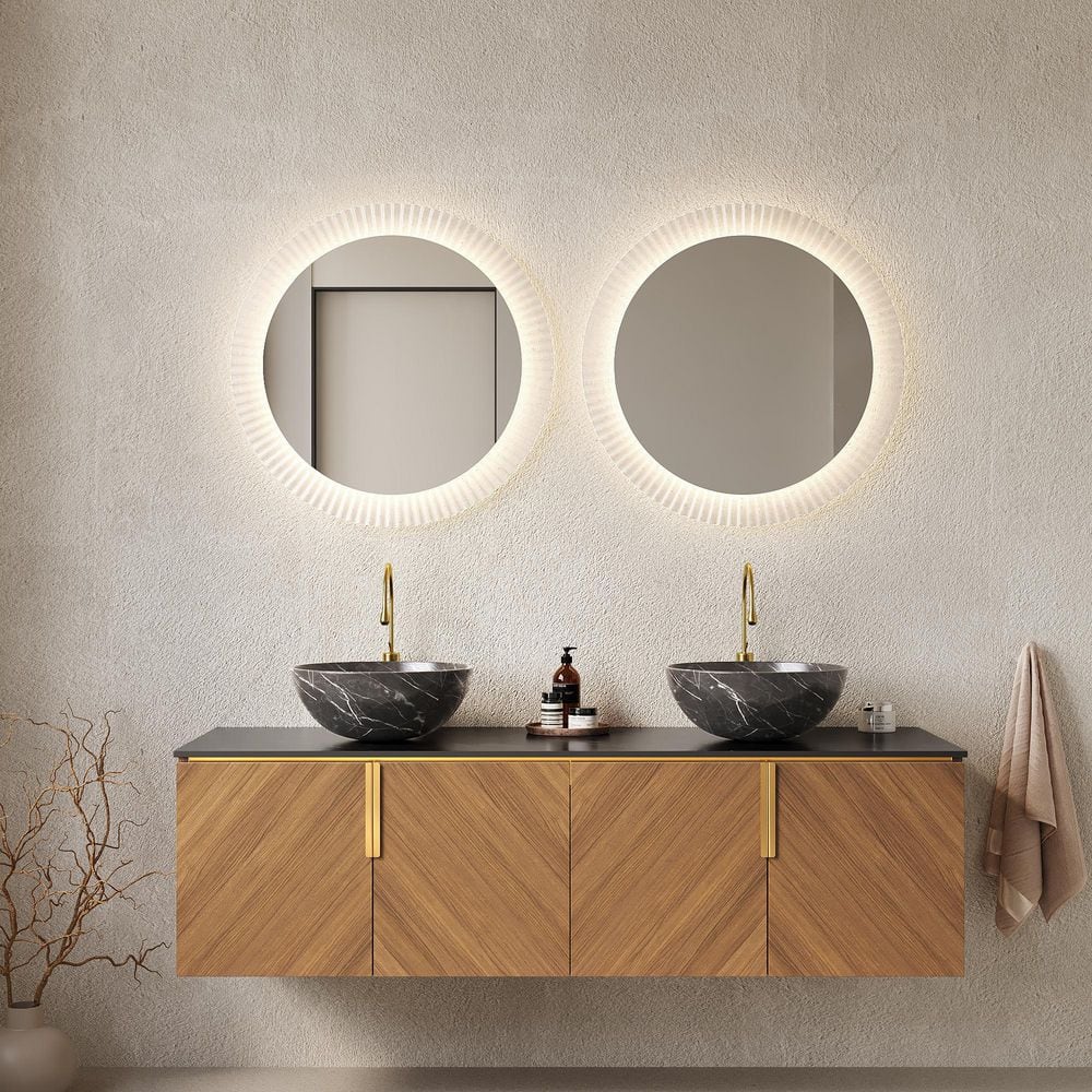 TCYO 60 in. Wall-Mounted Oak Bath Vanity with Black Sintered Stone Top ...