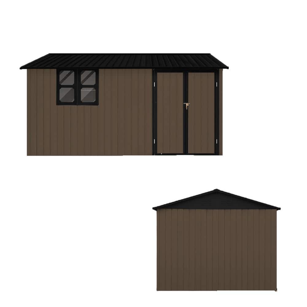 SOTEN RUGGED TABLET LLC Outdoor 10ft. W x 12ft. D Storage Garden Metal Shed Apex Peak Black Roof ...