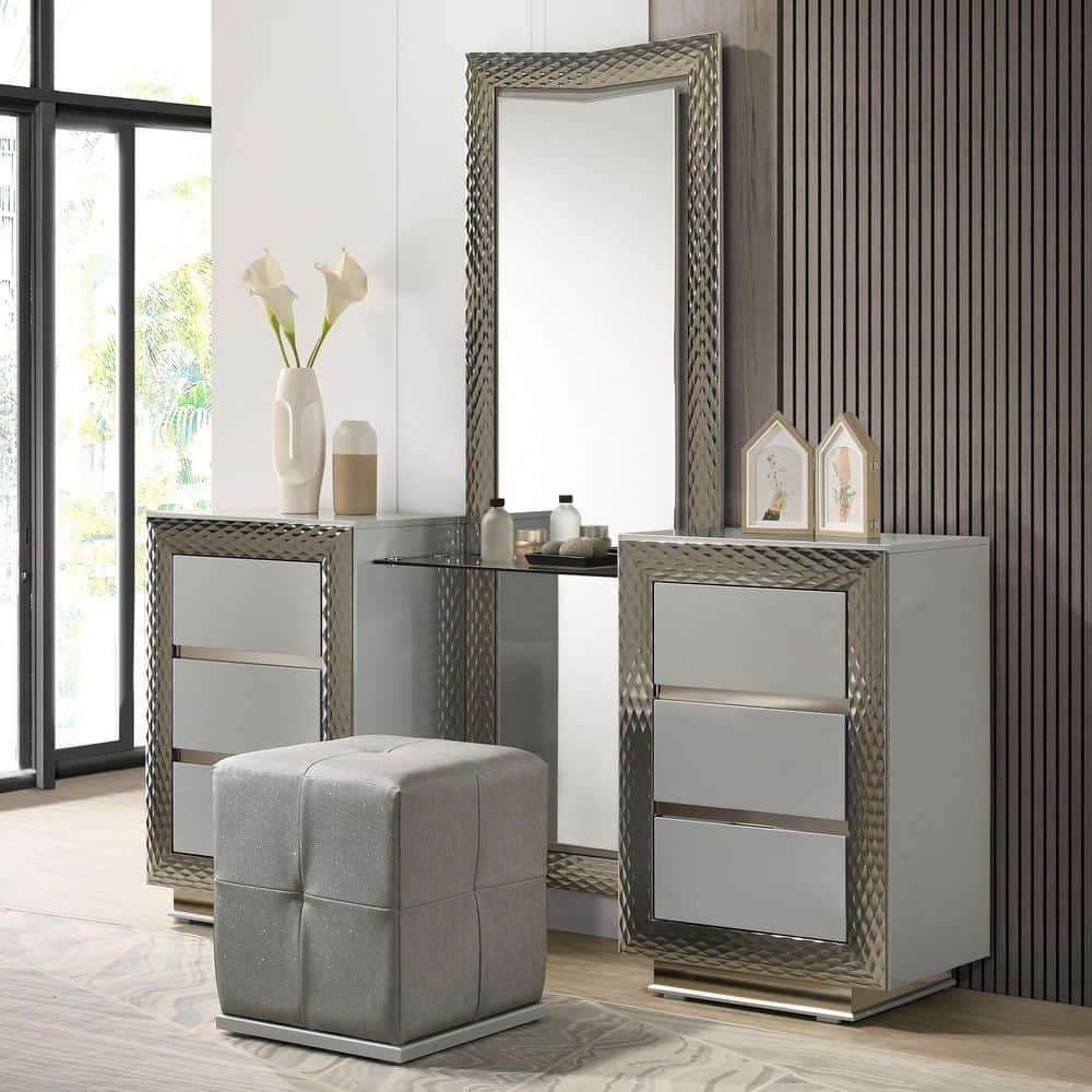 Furniture of America Dulce 2-Piece Gray Makeup Vanity Set with Stool ...