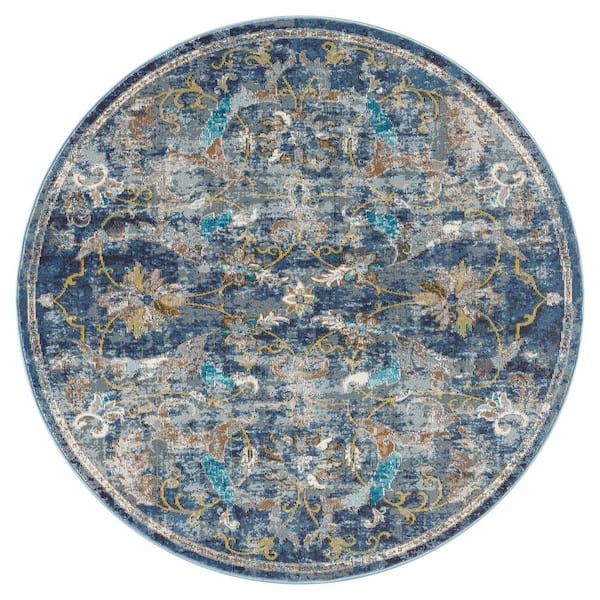 Gracie Jacobean Navy/Multi 7 ft. Round Distressed Floral Indoor Rug ...