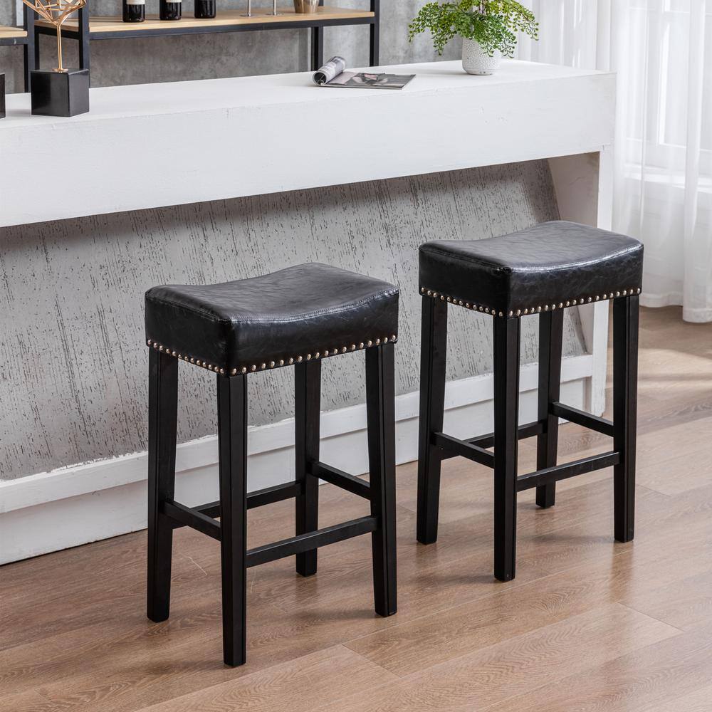 GOJANE 29.00 in. Black Backless Faux Leather Bar Stools (Set of 2 ...