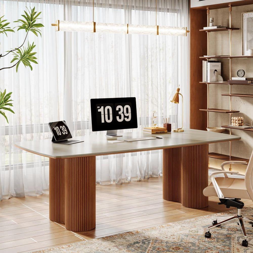 BYBLIGHT Capen 79 in. Rectangular Natural Sintered Stone Computer Desk ...