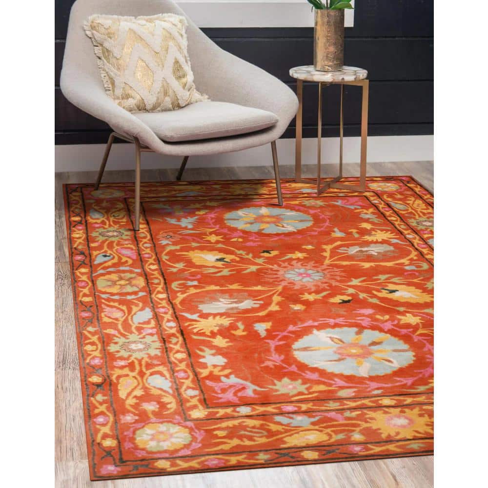 EORC Rust 5 ft. x 8 ft. Hand Tufted Wool Traditional Suzani Area Rug ...