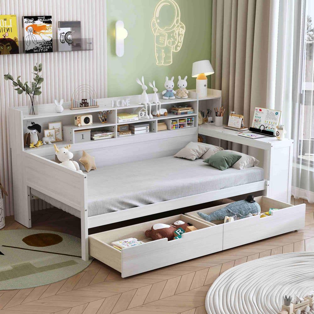 Polibi Antique White Twin Daybed with Storage Shelves, 2-Storage ...