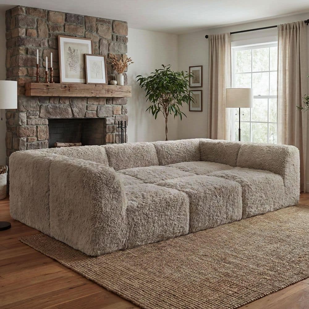 Furniture of America Getty 107 in. Taupe Solid Faux Fur Fabric King ...