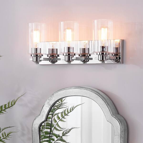 KAWOTI 20.5 in. 3-Light Chrome Vanity Light with Ribbed Glass Shades ...