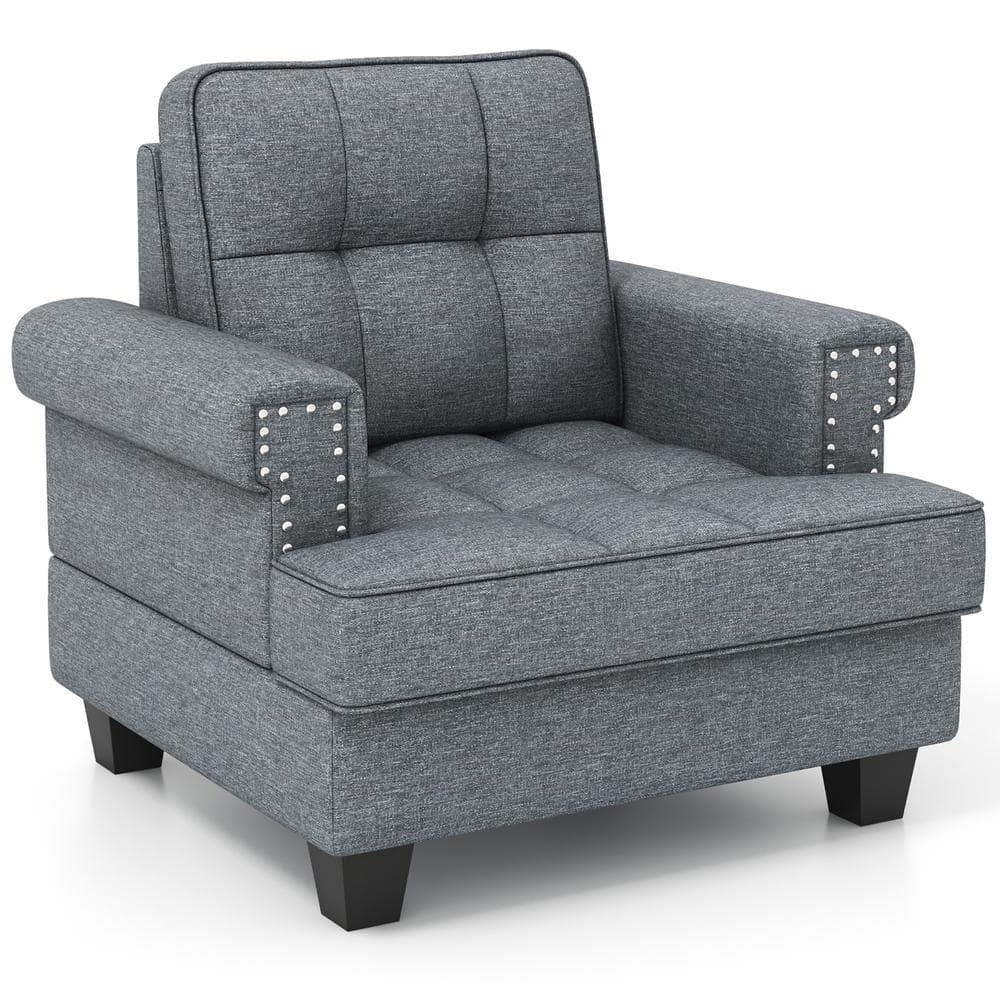 Gymax Grey Modern Accent Armchair with Thick Pillow and Cushion Studded ...