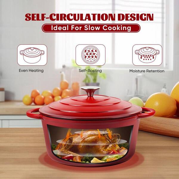 PRIMEPLUS Enameled 4.5 qt. Round Cast Iron Dutch Oven in Red with Lid ...