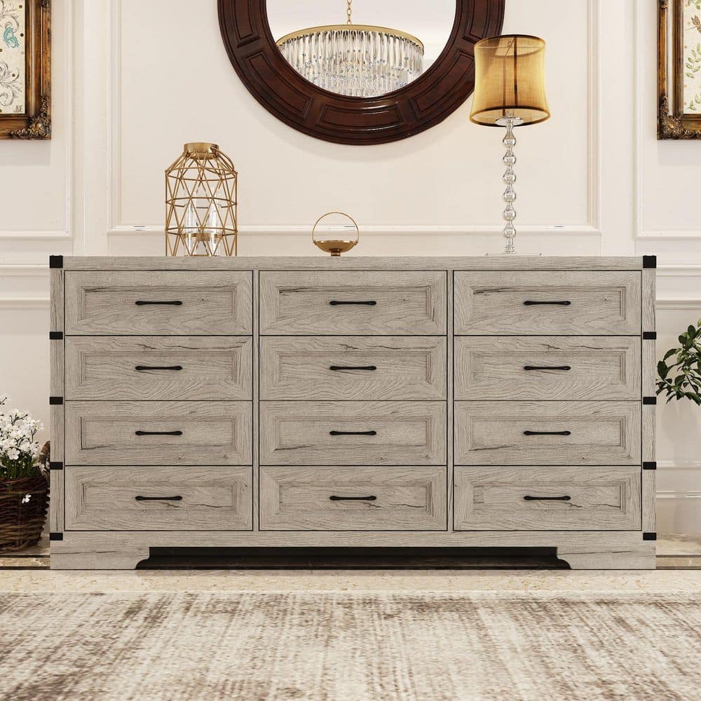 FUFU&GAGA Gray Wooden Grain 12 Drawers 69.1 in. Width x 15.9 in. Depth ...