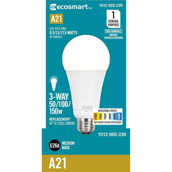 EcoSmart 50/100/150-Watt Equivalent 3-Way A21 Non-Dimmable LED Light ...