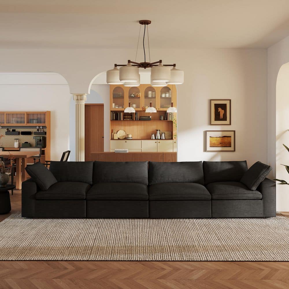 Magic Home Pine Wood 157 in. Square Arm Deep Seat Linen 4-Seater ...