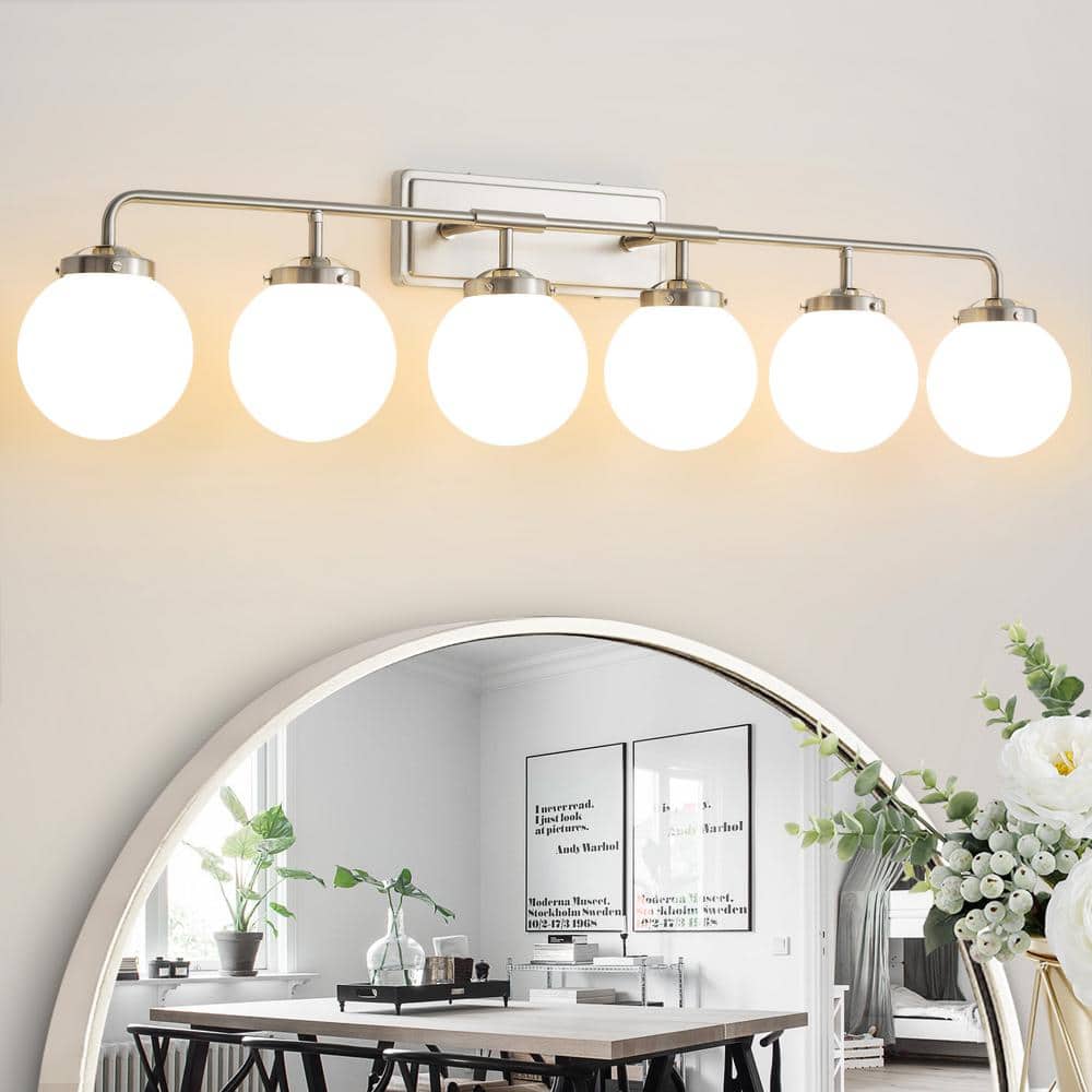 Deyidn 45.28 in. 6-Light Nickel Bathroom Vanity Light with Opal Glass ...