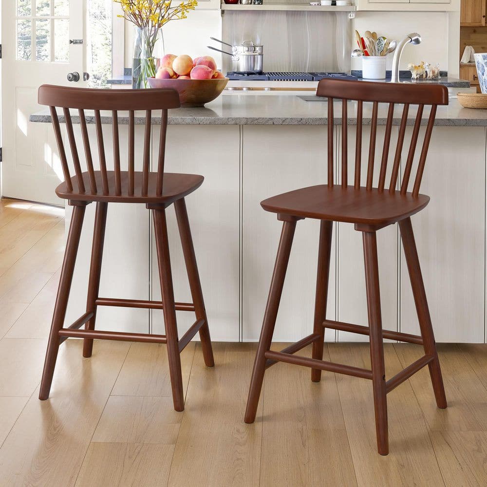 LUE BONA 24 in. Brown Classic Windsor Back Contoured Seat Bar Stools Solid Wood Counter Height ...