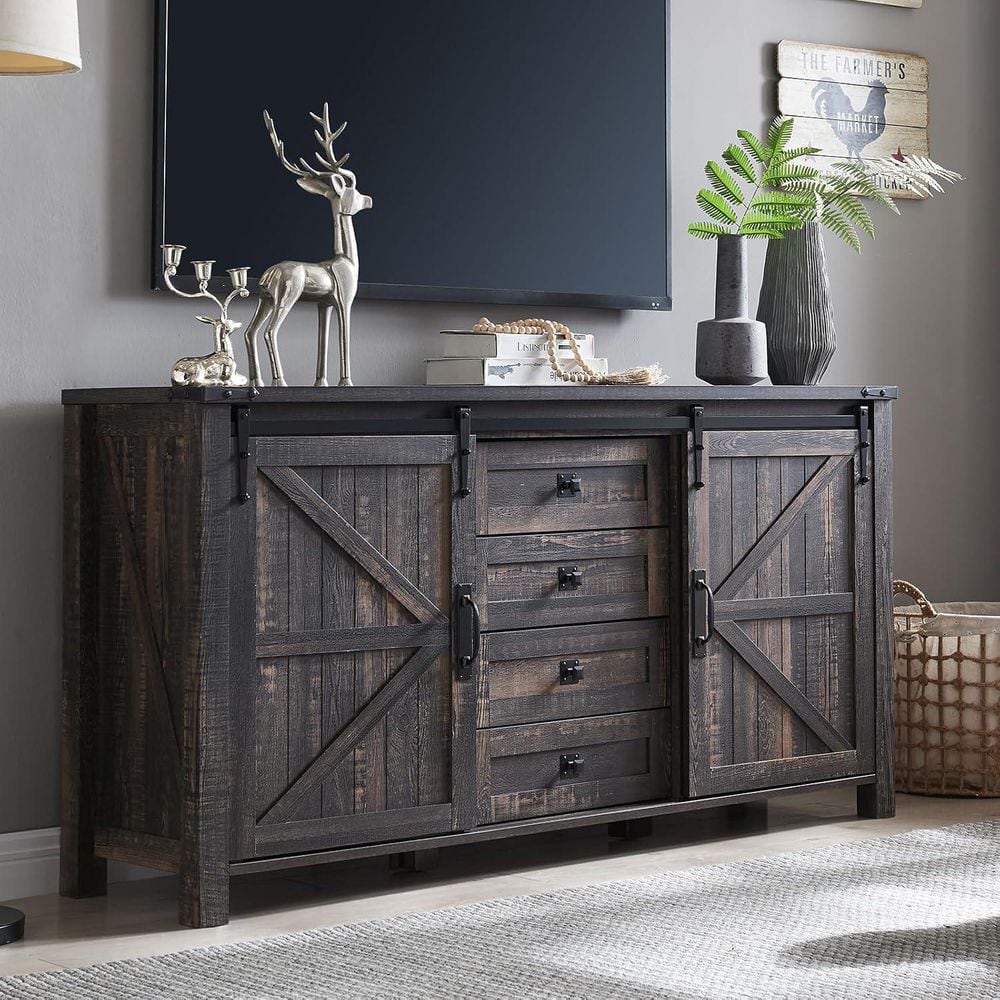 XRAMFY Farmhouse Dark Rustic Oak 32 in. Accent Storage Cabinet with 4 ...