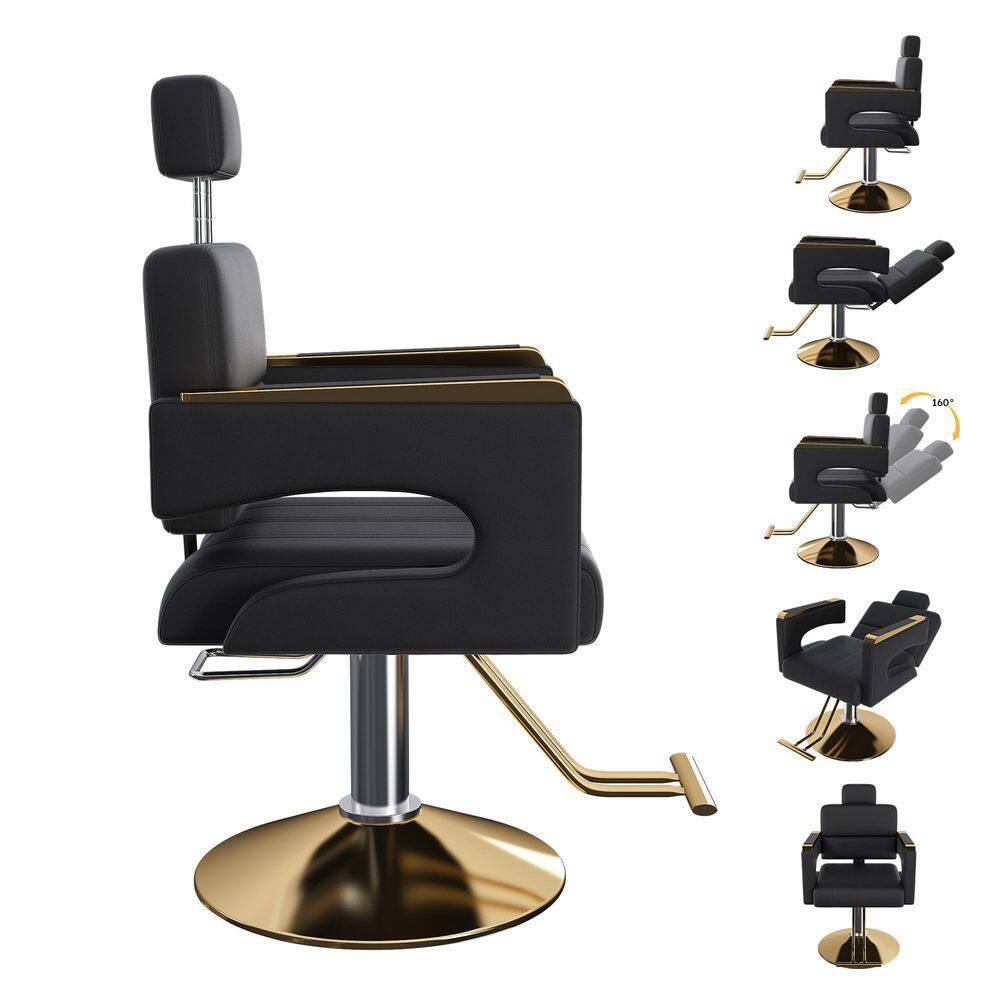 PU Leather Reclining Hydraulic Barber Chair in Black Glod 360° Swivel ...