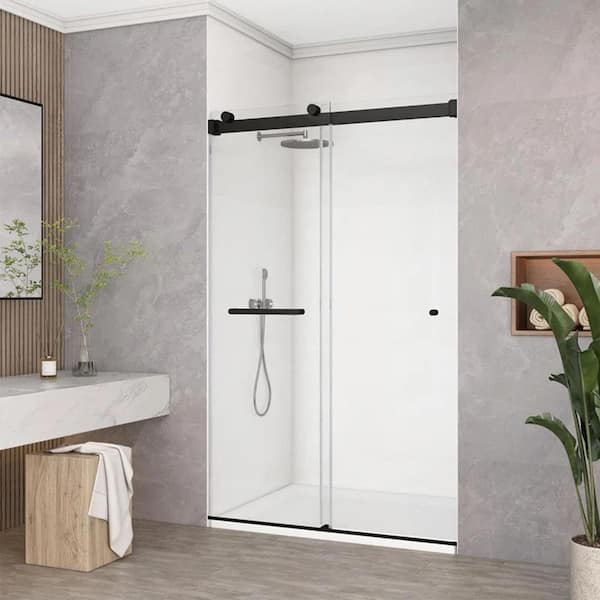 ROSWELL Losar 48 in. W x 78 in. H Single Sliding Frameless Shower Door in Matte Black with Clear ...