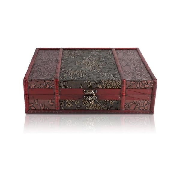 Red 11 in. x 3 in. Wood Decorative Box with Lid and Alloy Lock ...