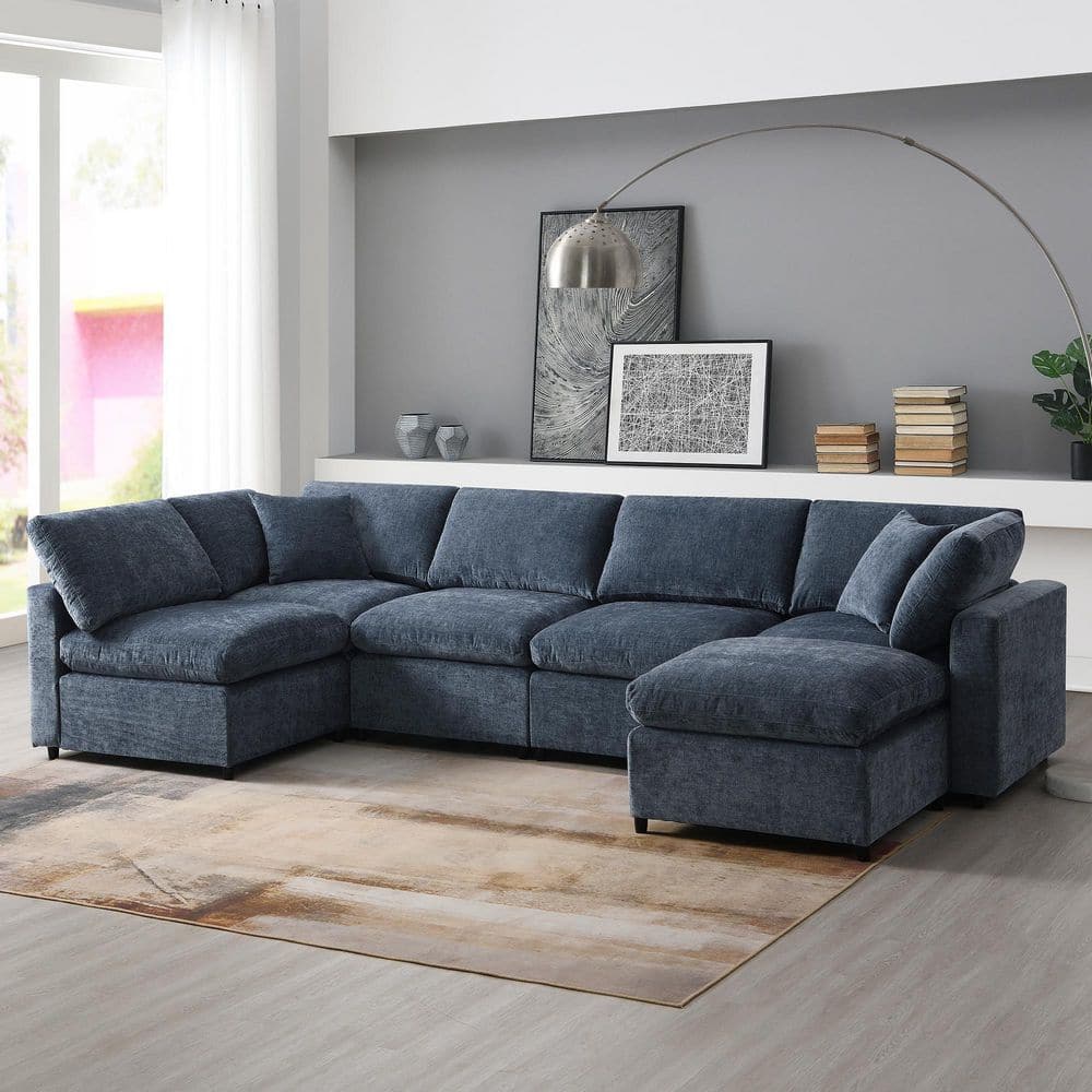 Noble House Gretchen 130 in. Armrest 6-Piece U Shaped Chenille Modern ...