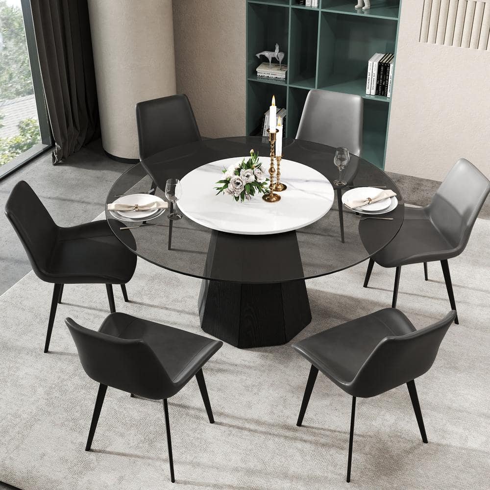 J&E Home Round Black with Lazy Turntable Glass 53.15 in. Pedestal ...