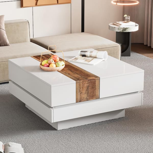 Clihome 31.4 in. White Square MDF Coffee Table, High Gloss Center Table, Extendable Cocktail ...