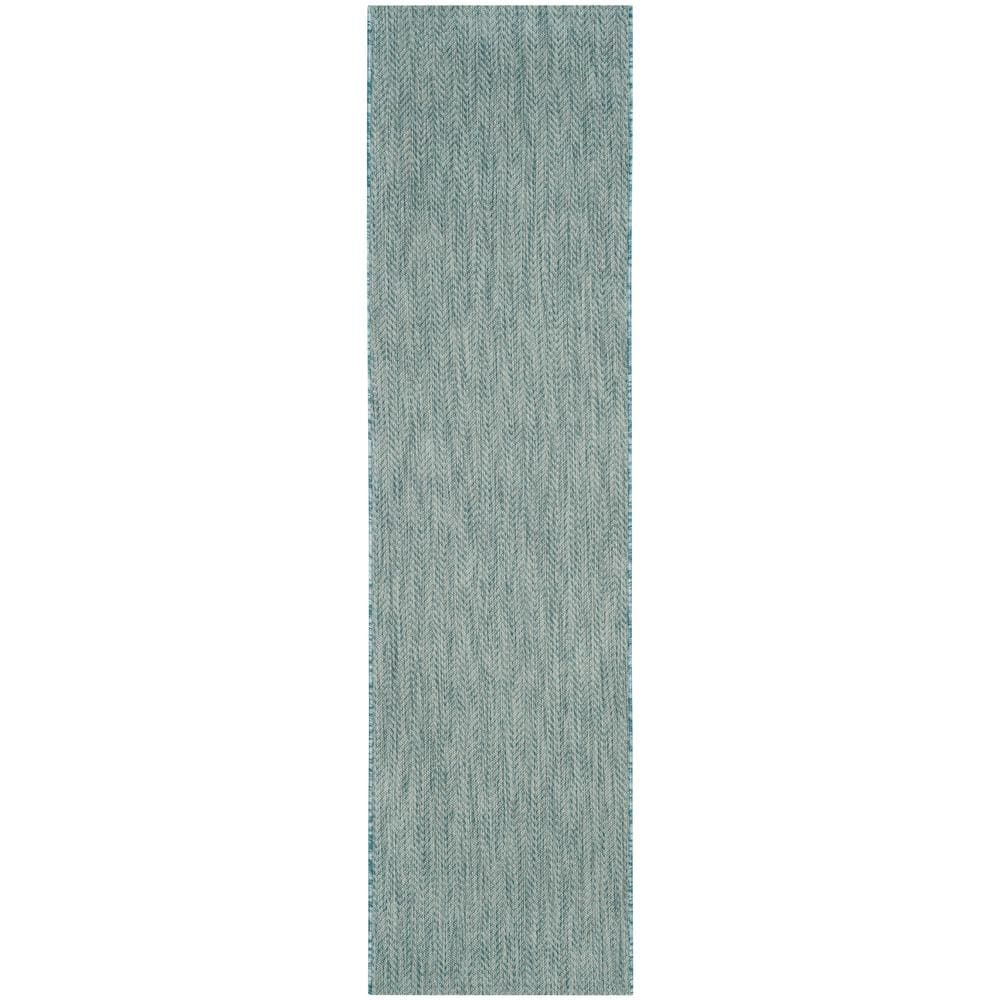 SAFAVIEH Courtyard Aqua/Gray 2 ft. x 22 ft. Solid Color Chevron Indoor ...