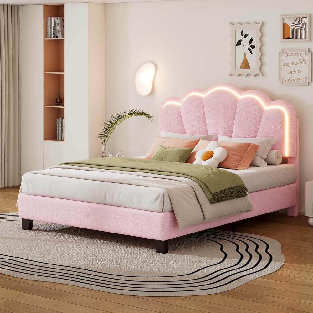Pink Wood Frame Full Size Sherpa Fabric Upholstered Platform Bed Elegant Flowers Headboard with LED Light Strip