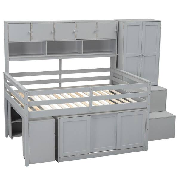 Polibi Gray Full Size Wood Loft Bed with Under-bed Desk, Drawers, Shelves RD14-19545AAE - The ...