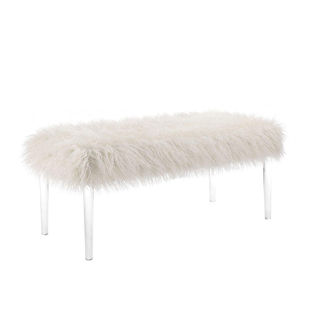 Benjara Luxurious 42 in. W Clear and White Faux Fur Upholstered Bench ...