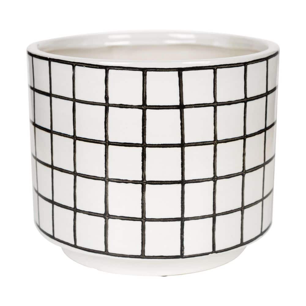 Vigoro 8 in. Westerly Small White/Black Grid Ceramic Pot (8 in. D x 6.7 ...
