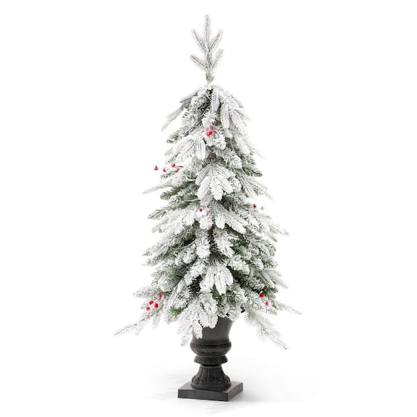 Glitzhome 4 ft. Pre-Lit Flocked Fir Artificial Christmas Tree with 100 Warm White Lights and Red ...