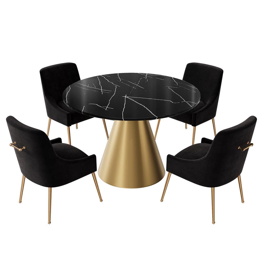Boyel Living 5-Piece Round Stainless-Steel Black and Gold Marble Top ...