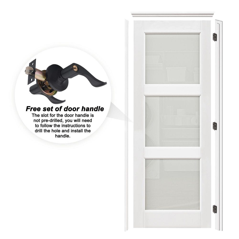 ARK DESIGN 32 in. x 80 in. Right 3-Lite Frosted Glass White Wood ...